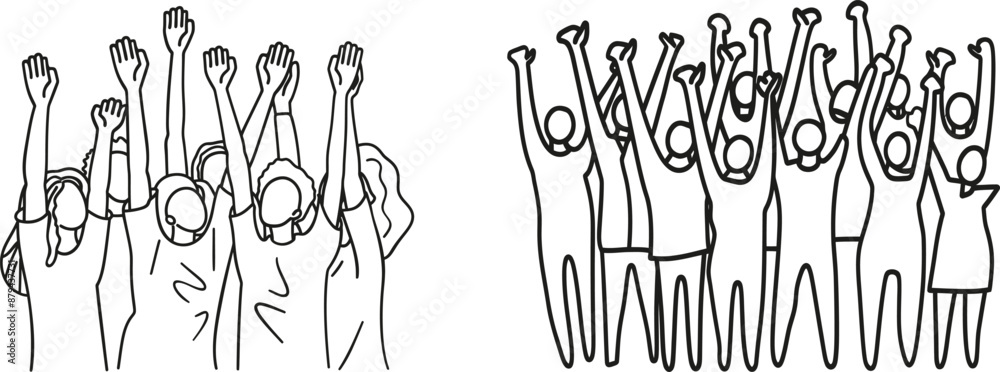 This illustration shows a cheering crowd, with hands up while people ...