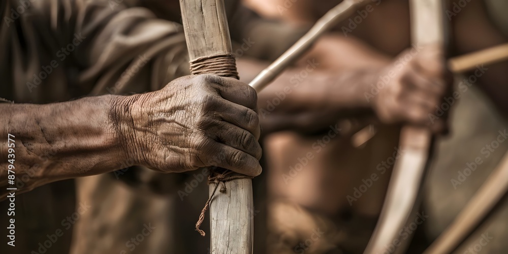 Mesolithic hunters crafting bows with animal sinew shallow depth of ...