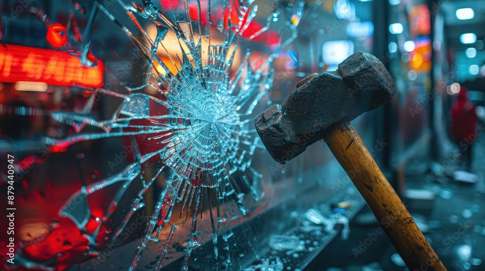Detailed close-up of shattered glass with a hammer partially embedded ...