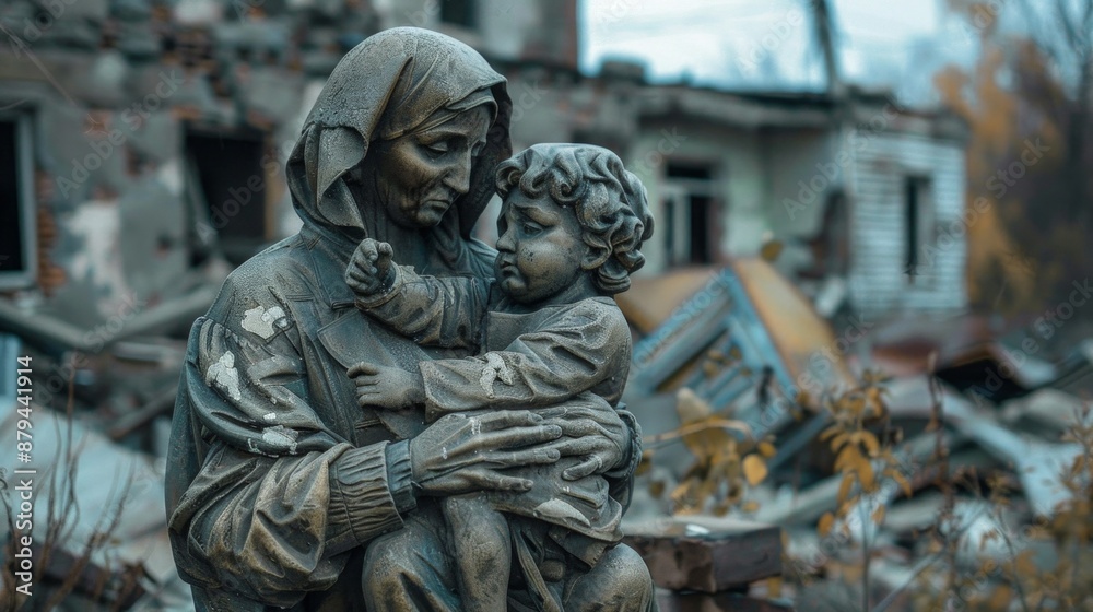 war concept Statue of a mother holding a child in a war-torn area, with ...