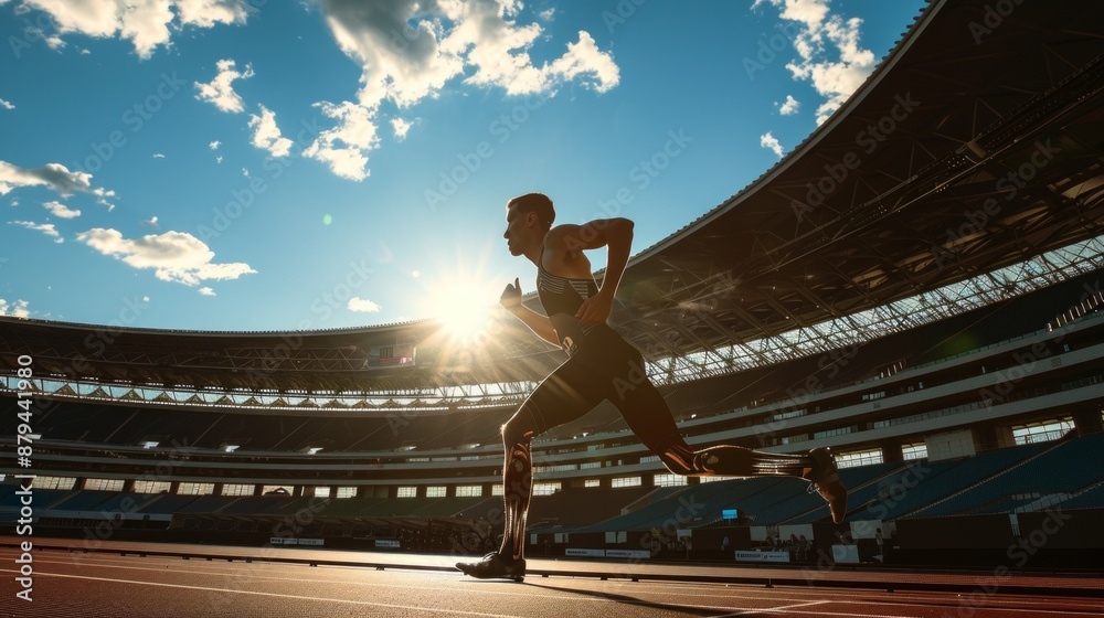 Paralympic athlete running on the track with prosthetic legs in a ...