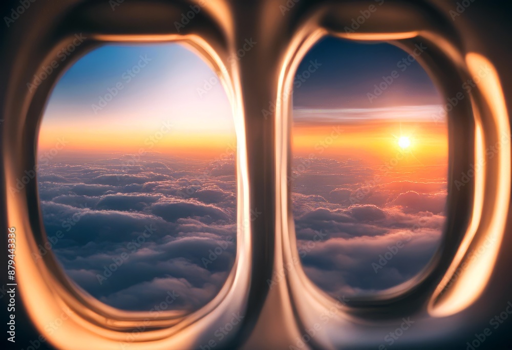 plane s setting window seen airplane portholes sun sky clouds an shape ...