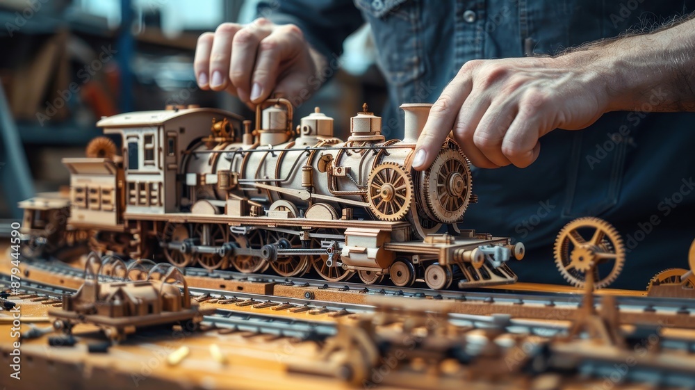 Handcrafting a detailed wooden train model on a workbench with precise ...
