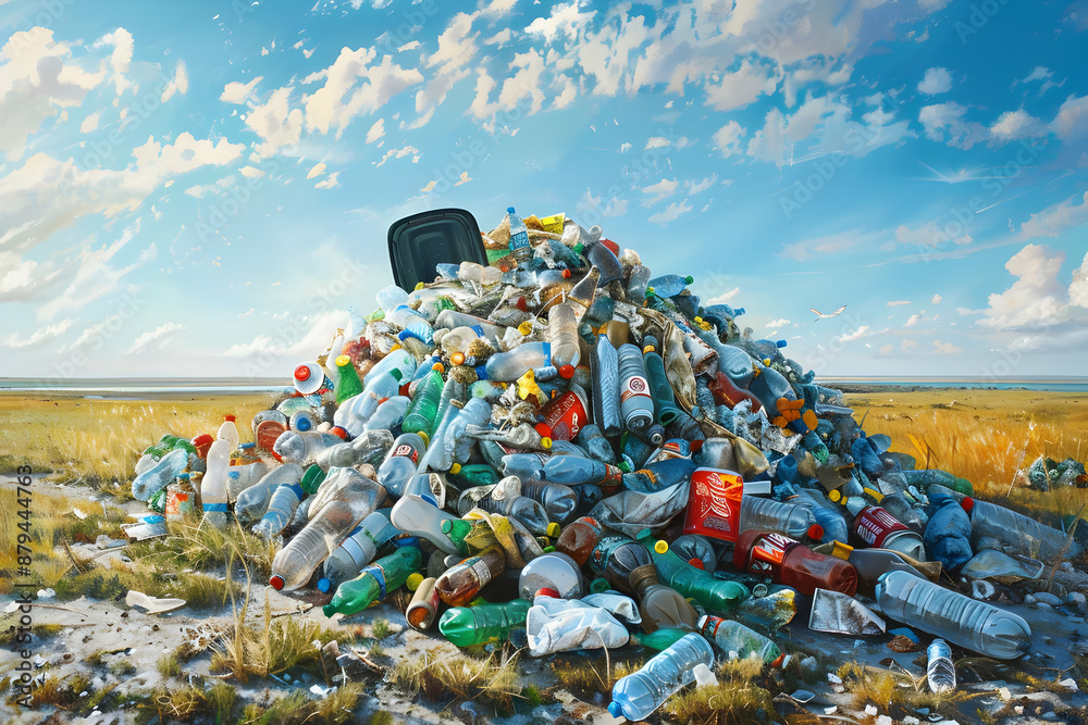 Large pile of plastic waste in an open field under a blue sky ...