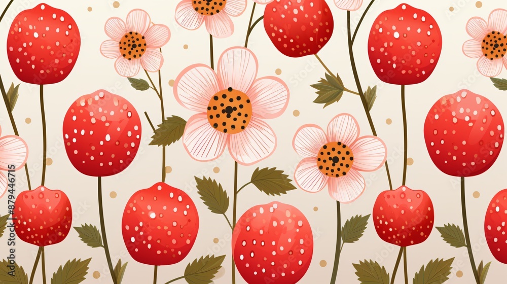 seamless pattern with cute Strawberry and flower illustrations,a simple ...
