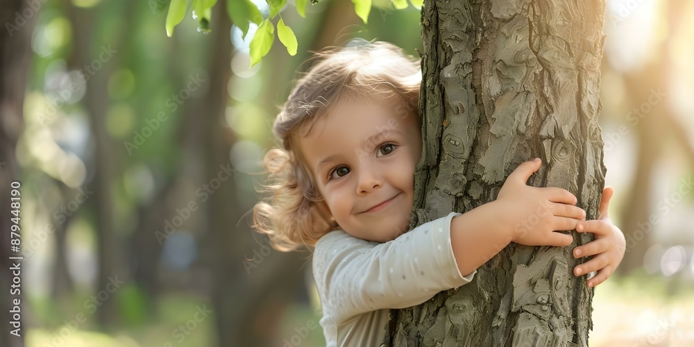Child hugging tree in forest symbolizes love for nature and carbon ...