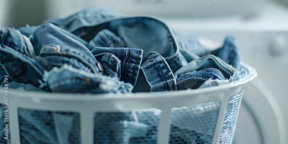 Washing denim clothes in a full basket with warm water in apartment ...