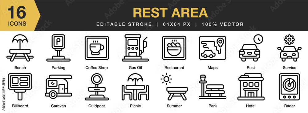 Set of 16 Rest Area icon set. Editable Stroke Icon Collection. Includes ...