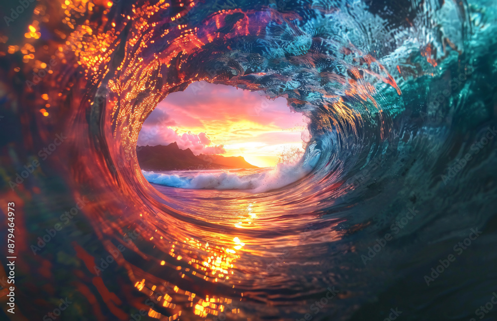 Colorful sunset inside the barrel of wave . perfect surfing water wave ...