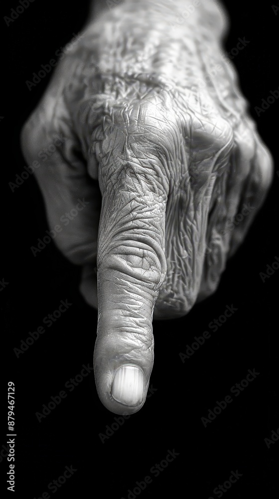 old woman's hand with the index finger pointing down, monochrome ...
