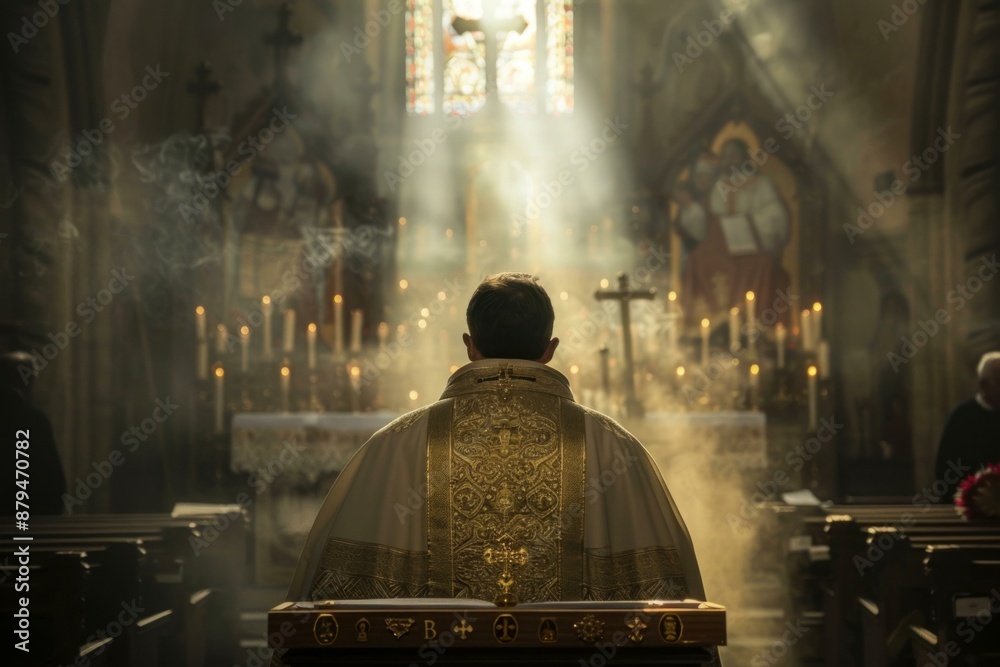 Priest is leading a religious service in an ornate church, with ...