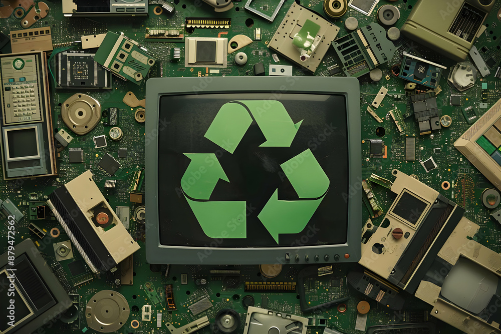 Recycling electronics concept with old computer parts and a recycling ...