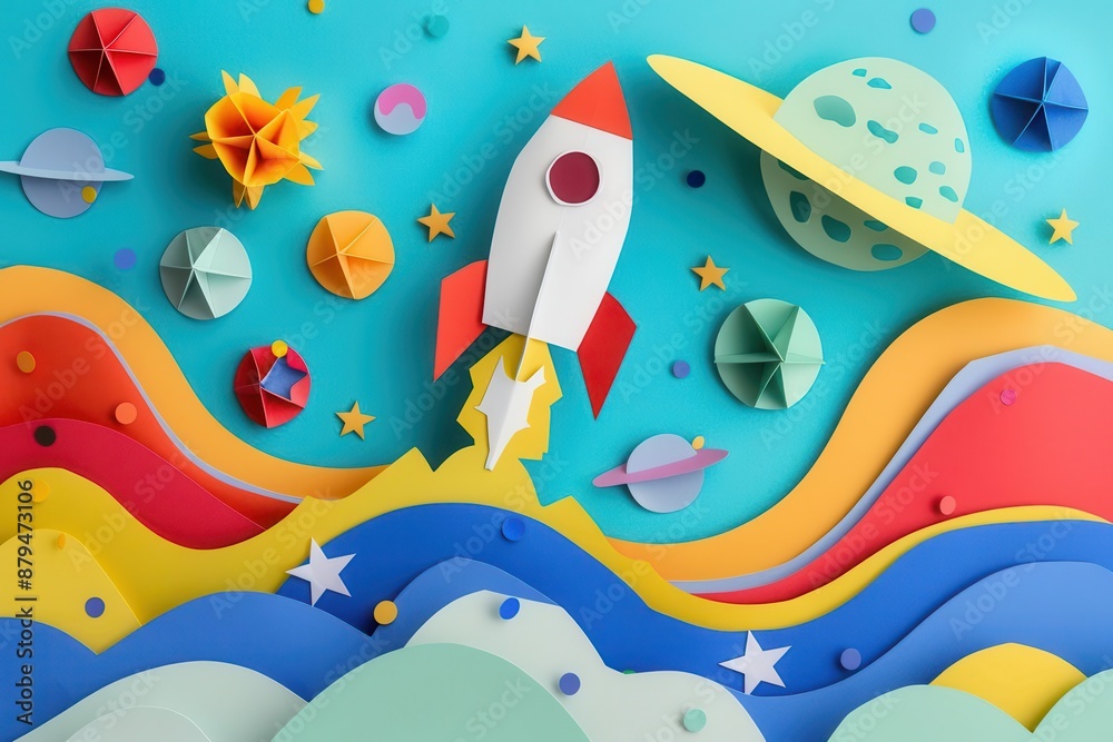 whimsical paper craft rocket soaring through layers of colorful stock ...