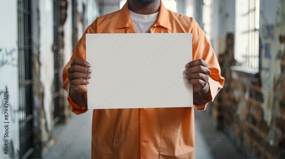 A man wearing an orange prison uniform standing in a corridor holding a ...