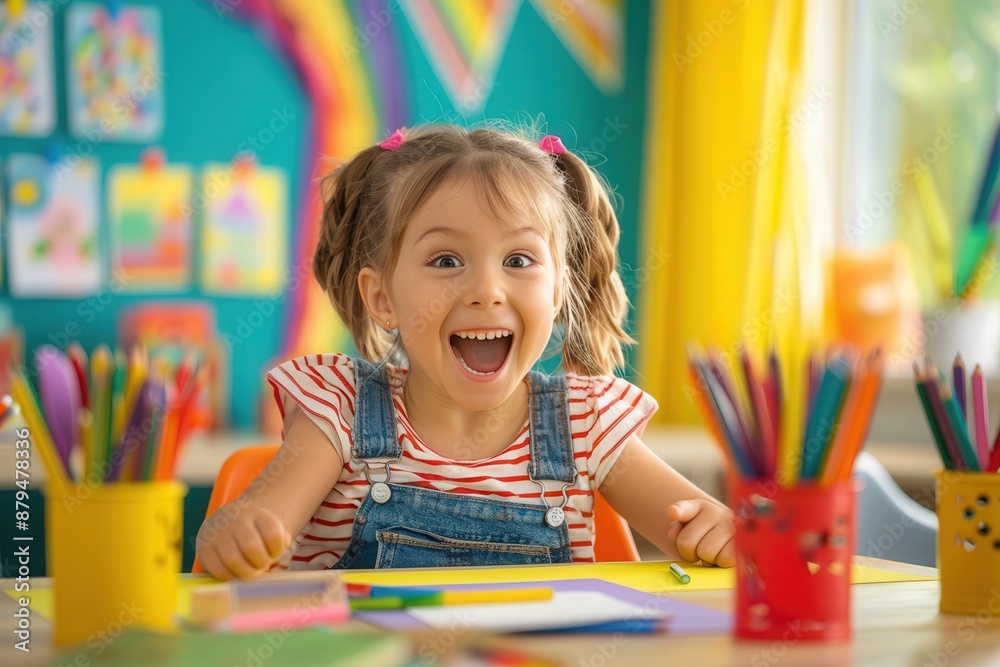 Excited little girl enjoying creative art project in kindergarten ...