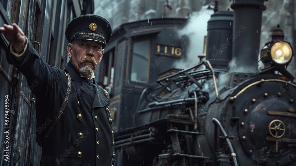 A train conductor in historical attire signals beside a steam train ...