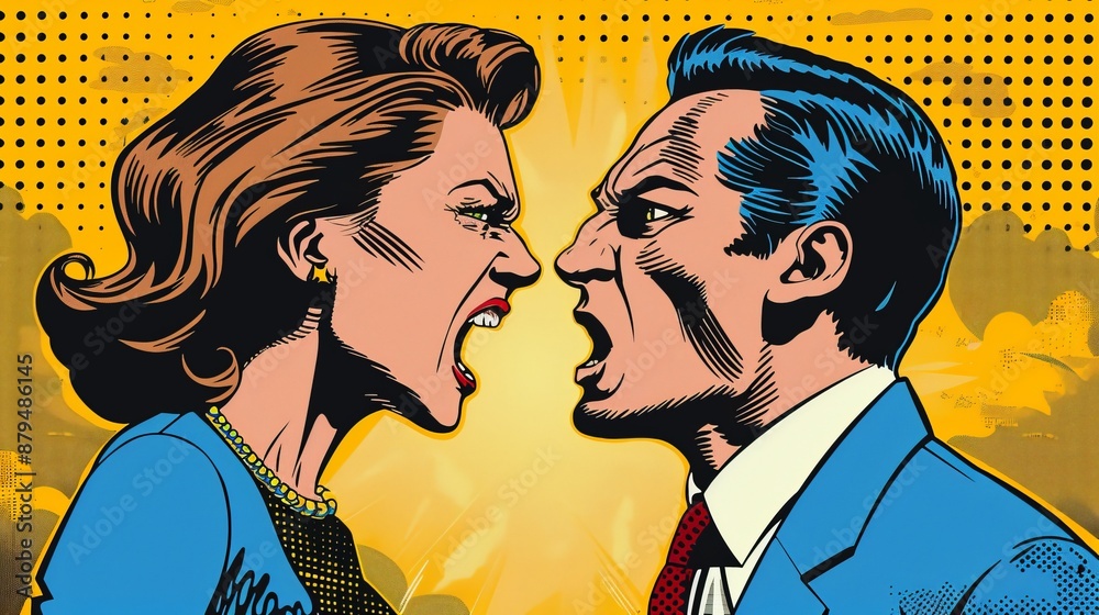 This image depicts a retro comic-style illustration of a couple ...