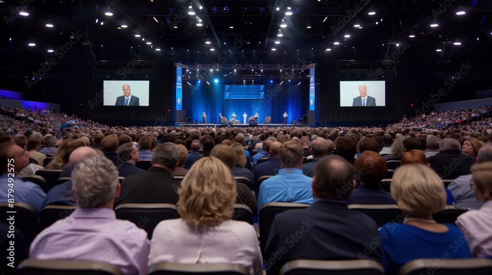 '' wide shot of a Jehovah's Witnesses convention with attendees seated ...