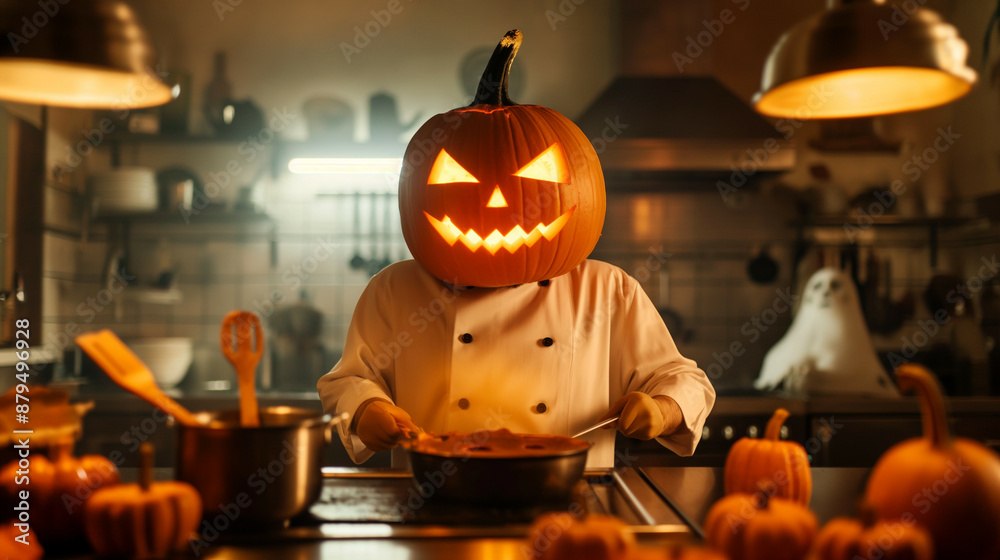 surreal Halloween scene with a chef having a pumpkin head, cooking ...