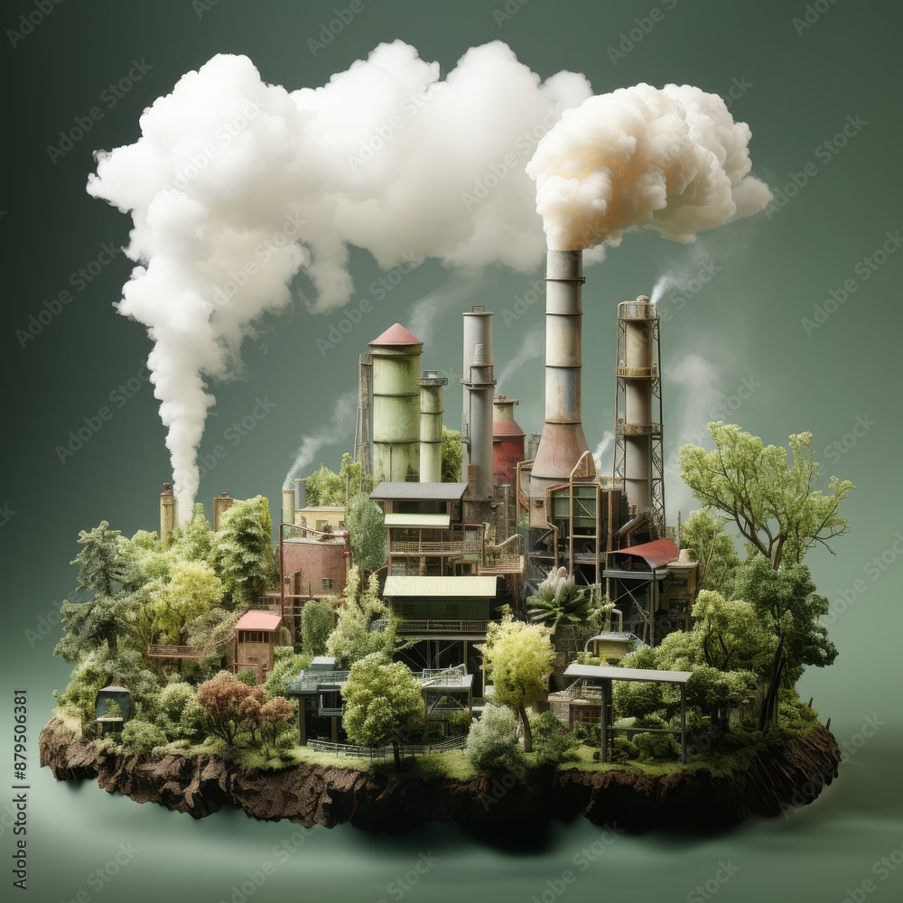 Miniature model of an industrial factory emitting smoke, surrounded by ...