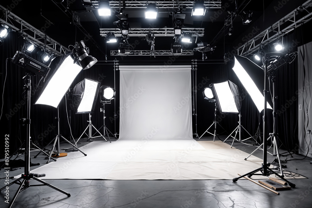 Professional photography studio setup with lighting equipment, tripods ...