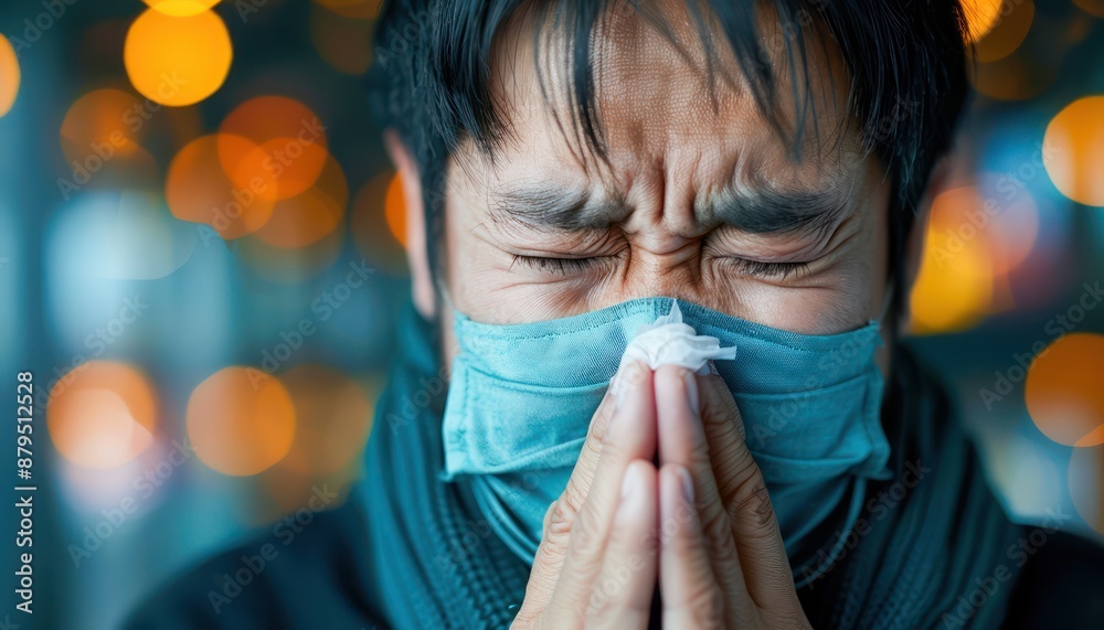 Man with a runny nose and infection, blowing his nose into a tissue ...