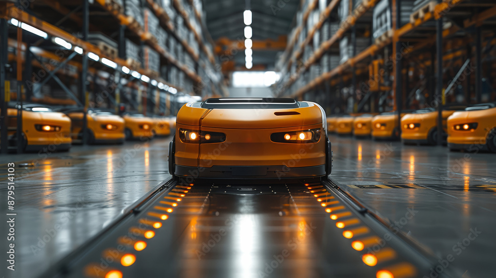 An industrial warehouse filled with automated guided vehicles (AGVs ...