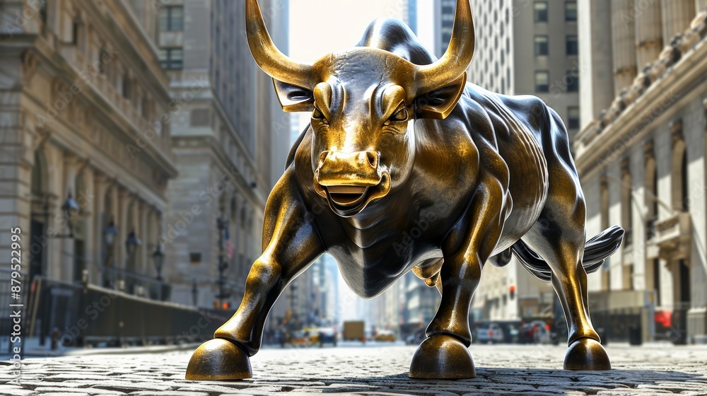 Bull statue stands boldly on cobblestone street in financial district ...