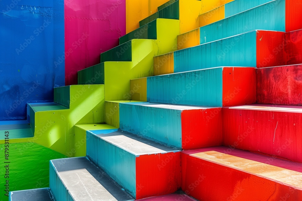 Bold geometric shapes on colorful walls, crisp steps leading to a ...