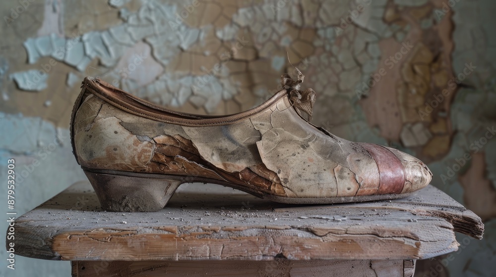 Damaged old Pointe shoe on a wood platform not suitable for wearing ...