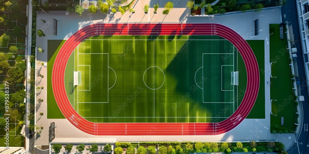 Aerial view of sports complex with red track and soccer field. Concept ...