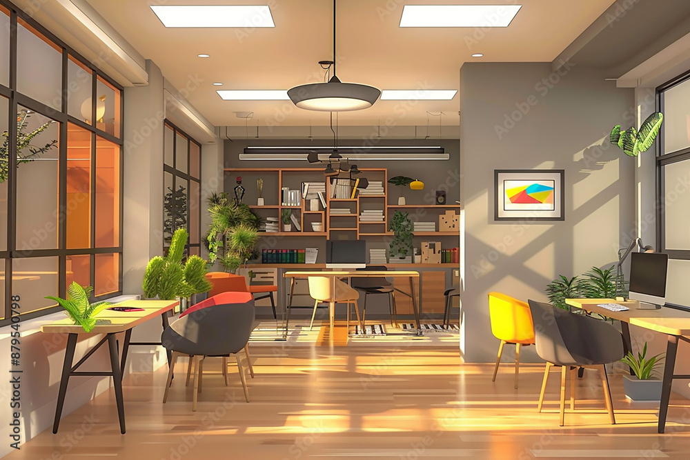3D animated office interior, flat design, stylish workspace with modern ...