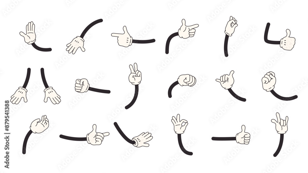 Cartoon comic hands in white gloves showing various gestures. Retro ...