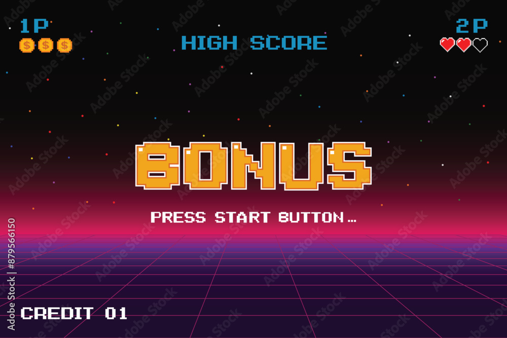 BONUS. press start button. pixel art .8 bit game. retro game. for game ...