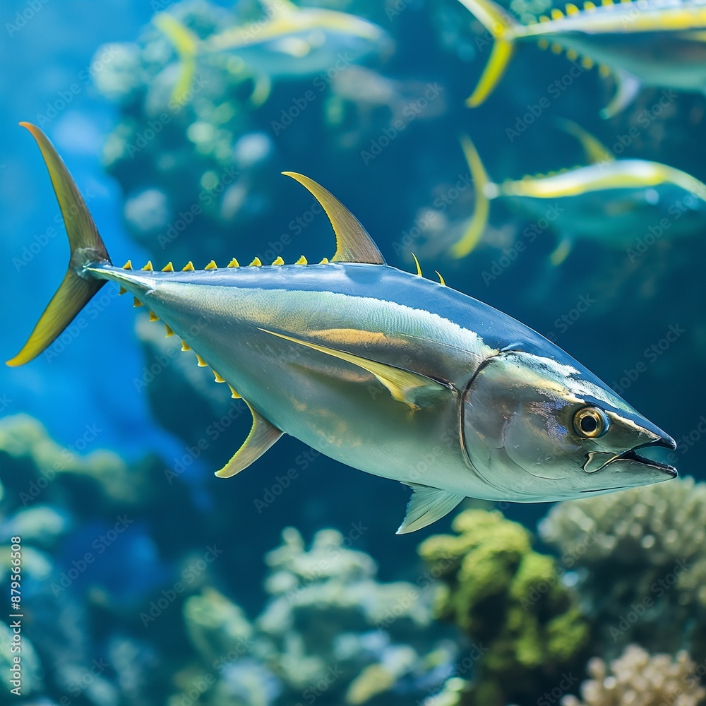 Close-up of a rare bluefin tuna, showcasing its striking blue and ...