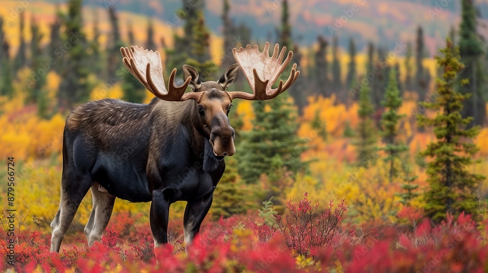 This photo portrays a majestic moose standing among vibrant autumnal ...