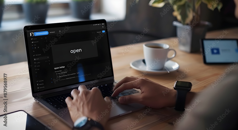 A person is sitting at their desk, typing on the keyboard of an open ...