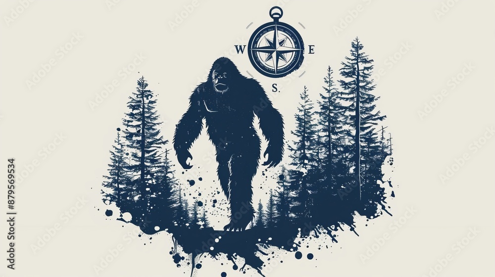 Bigfoot stands in a snowy pine forest with a compass symbol above ...