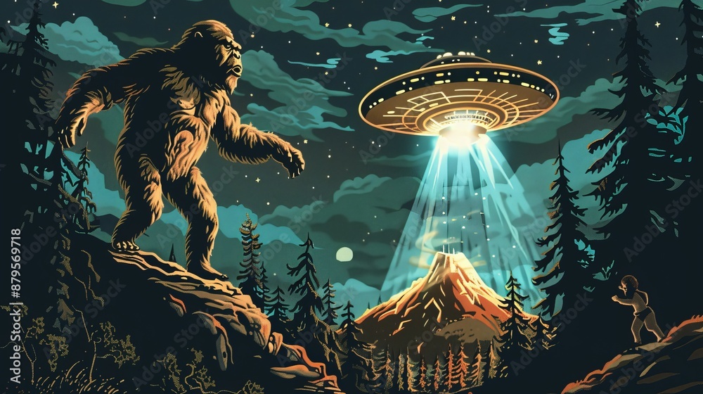 Bigfoot stands on a hill as a bright beam from a UFO illuminates a ...