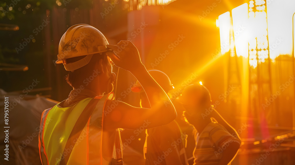 Heat wave, construction workers in hot weather,hot weather shines a ...