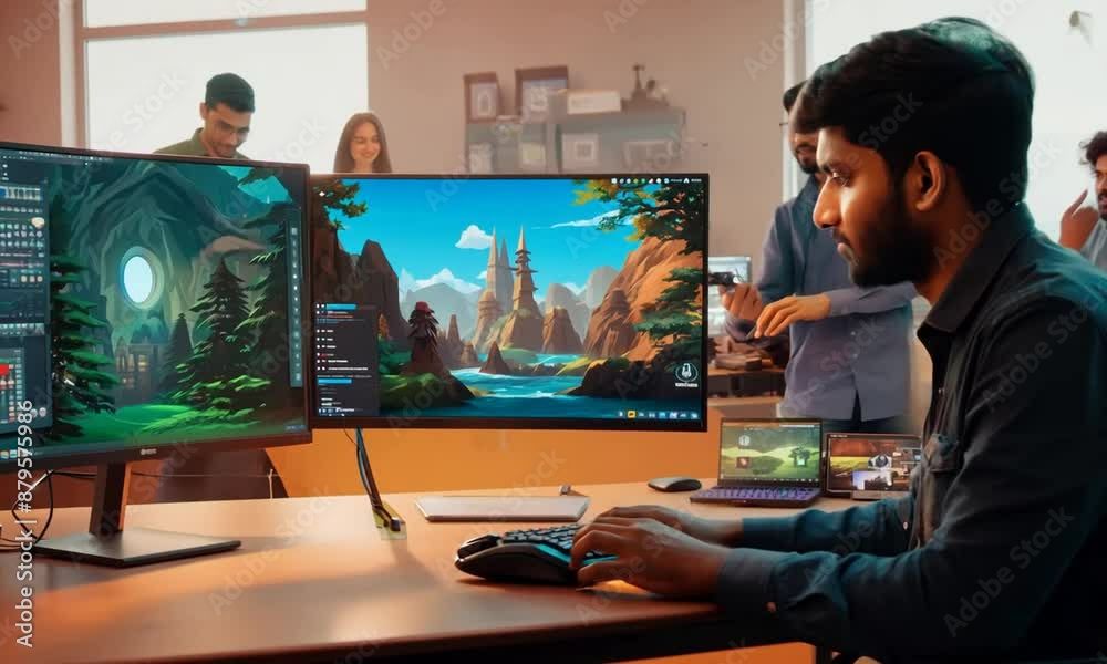 Indian Male Game Designer Using Desktop Computer With 3D modelling ...