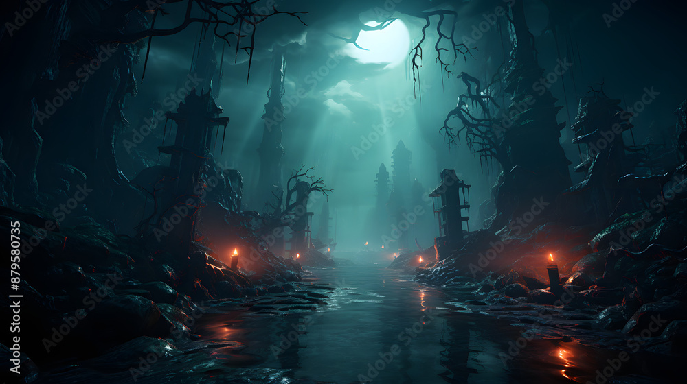 A dark and eerie river runs through a forgotten swamp, illuminated by ...
