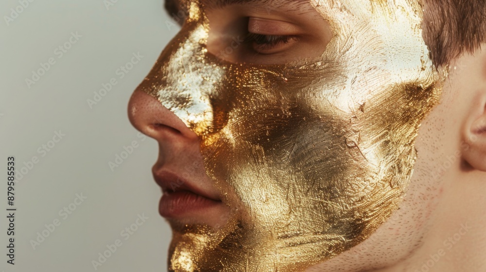 A man with a gold mask on his face. The mask is applied to the left ...