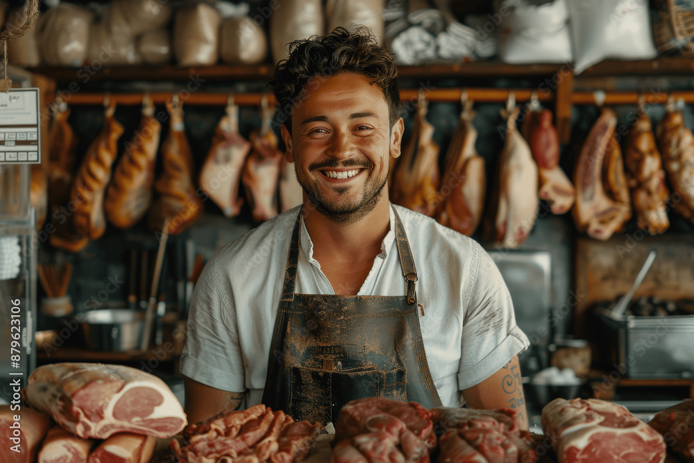 Happy male butcher standing behind counter with raw meat on display in ...