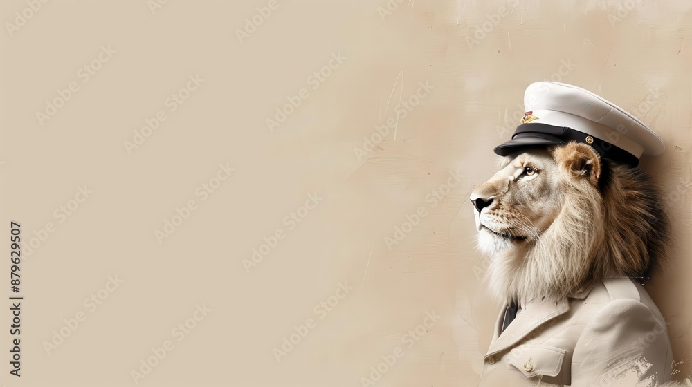 Lion soldier with a uniform and rifle on a khaki background, positioned ...