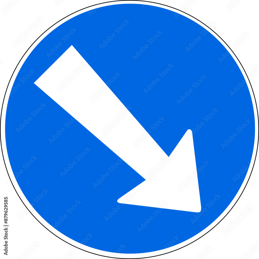 Blue and white round direction sign with arrow passing obstacle right ...