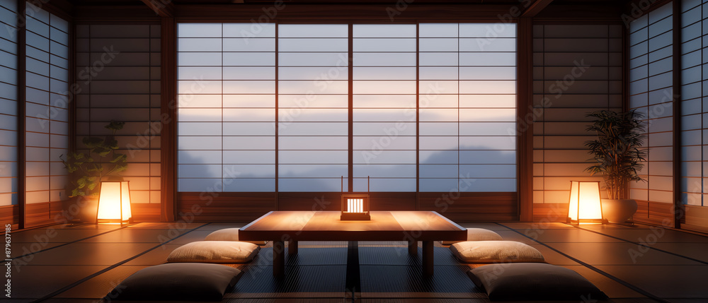 Japanese dining room with a chabudai table, zabuton cushions, and rice ...