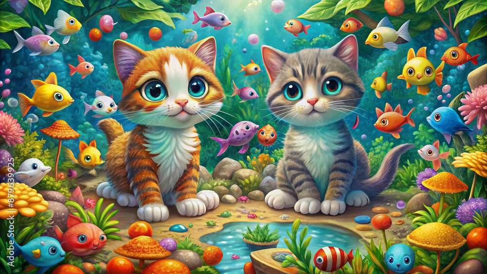 Adorable identical twin cats surrounded by ten hidden fish, with ...
