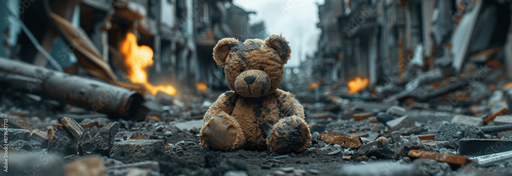 Worn out teddy bear in war-torn city rubble, cinematic scene of ...