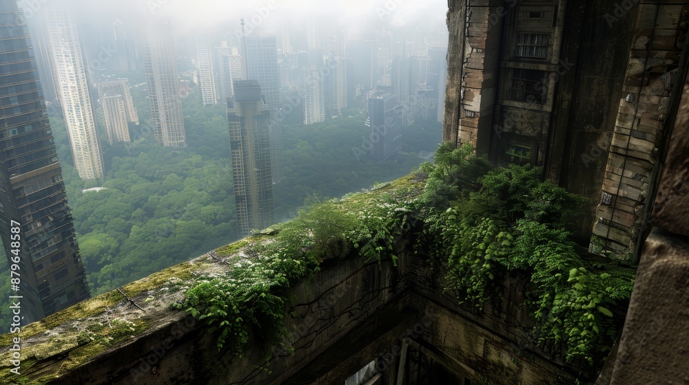 Abandoned skyscraper overtaken by nature in a post-apocalyptic city ...